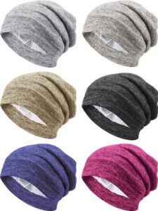 6 pieces satin lined sleep cap slouchy beanie slap hat night hair wrap caps for women girls, one size (black, navy blue, khaki, army green, wine red, dark grey)