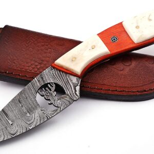 TMBrands Damascus Hunting Knife, Fixed Blade Knife, Camping Knife & Gift Knives with Rose Wood & Bone Handle & Leather Knife Sheath