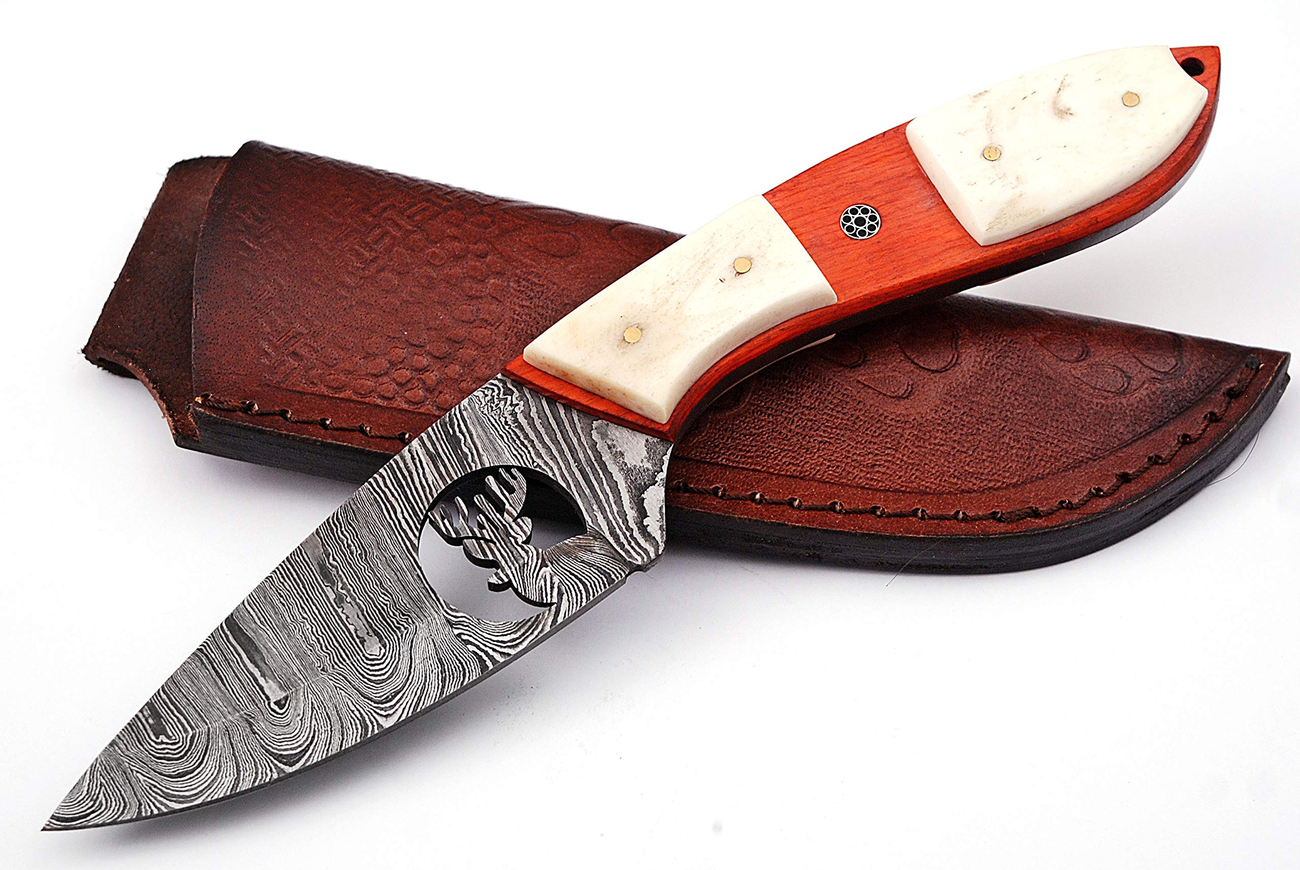 TMBrands Damascus Hunting Knife, Fixed Blade Knife, Camping Knife & Gift Knives with Rose Wood & Bone Handle & Leather Knife Sheath