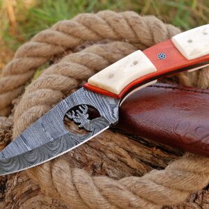 TMBrands Damascus Hunting Knife, Fixed Blade Knife, Camping Knife & Gift Knives with Rose Wood & Bone Handle & Leather Knife Sheath