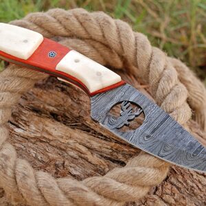 TMBrands Damascus Hunting Knife, Fixed Blade Knife, Camping Knife & Gift Knives with Rose Wood & Bone Handle & Leather Knife Sheath