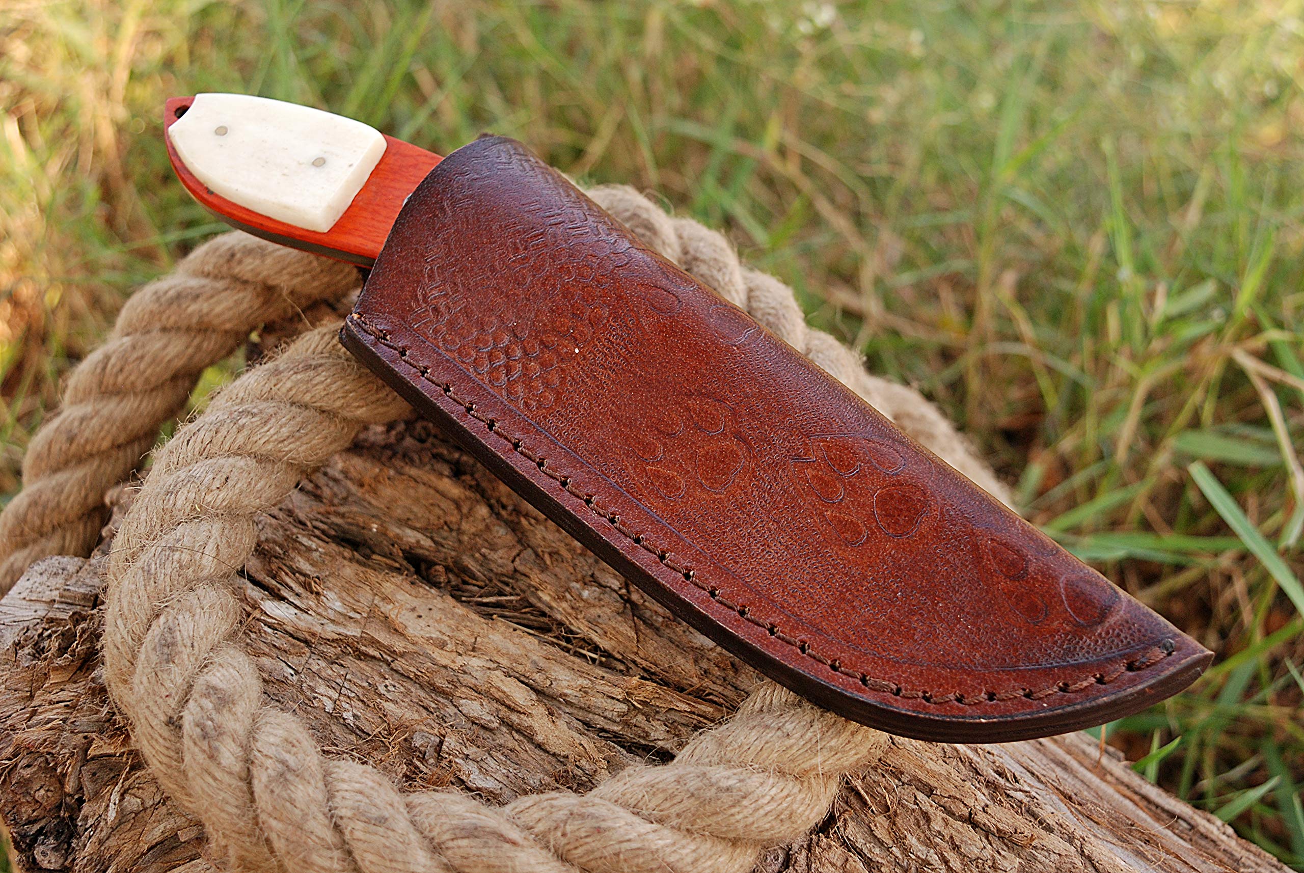 TMBrands Damascus Hunting Knife, Fixed Blade Knife, Camping Knife & Gift Knives with Rose Wood & Bone Handle & Leather Knife Sheath