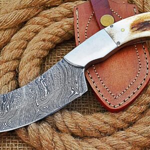 HUNTEX Handmade Hand-Forged Twist Pattern Damascus Steel 9 Inch Long Full Tang Natural Deer Antler Handle Razor Sharp Hunting Camping Cleaver Knife w/Genuine Leather Sheath