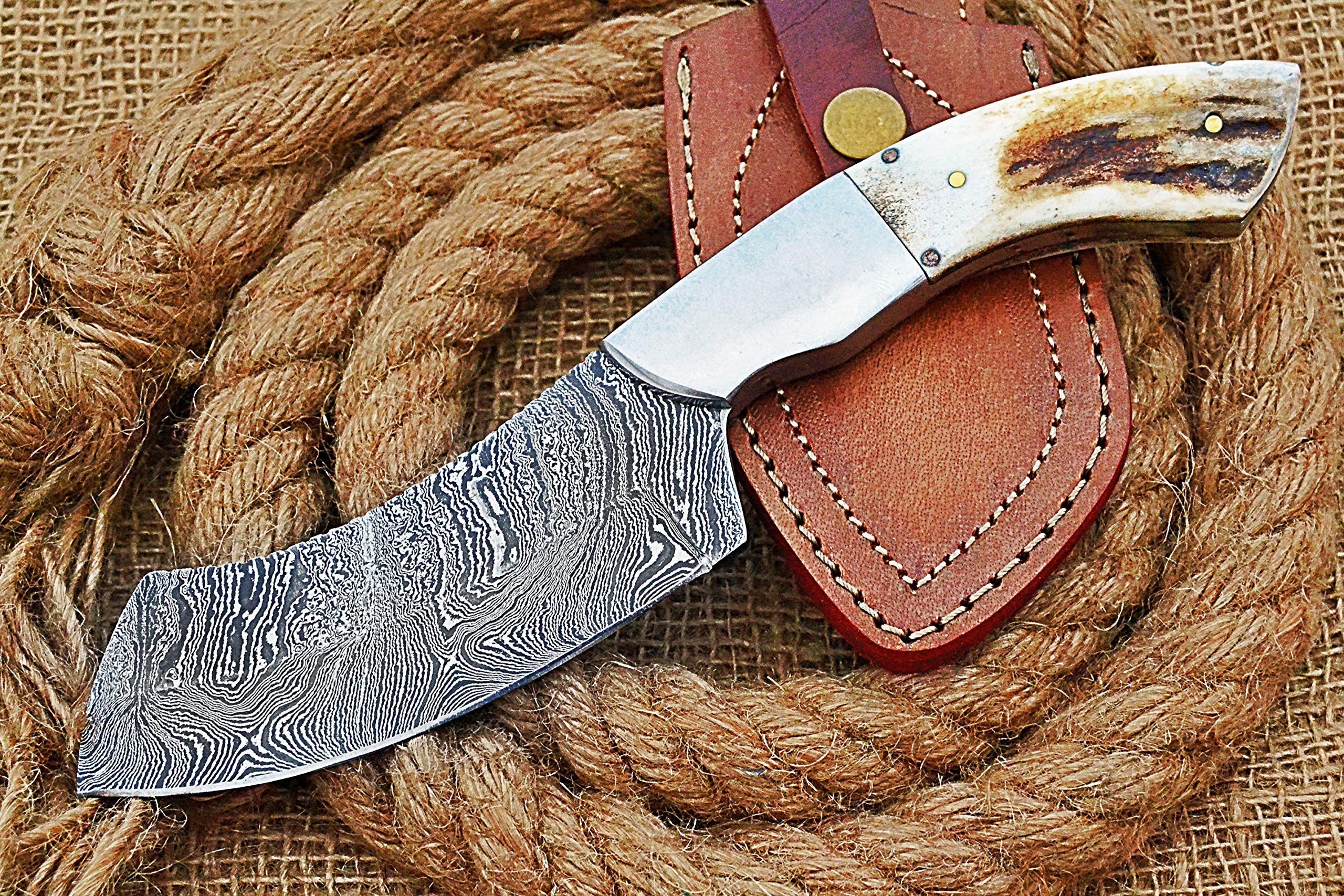 HUNTEX Handmade Hand-Forged Twist Pattern Damascus Steel 9 Inch Long Full Tang Natural Deer Antler Handle Razor Sharp Hunting Camping Cleaver Knife w/Genuine Leather Sheath