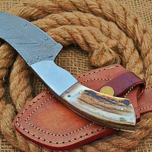 HUNTEX Handmade Hand-Forged Twist Pattern Damascus Steel 9 Inch Long Full Tang Natural Deer Antler Handle Razor Sharp Hunting Camping Cleaver Knife w/Genuine Leather Sheath