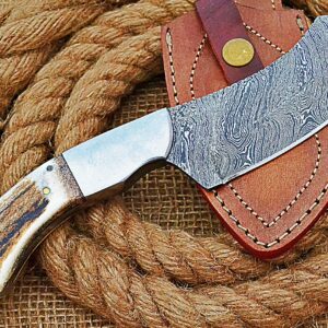 HUNTEX Handmade Hand-Forged Twist Pattern Damascus Steel 9 Inch Long Full Tang Natural Deer Antler Handle Razor Sharp Hunting Camping Cleaver Knife w/Genuine Leather Sheath