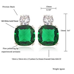 [RIZILIA CLASSIC] Stud Pierced Earrings with Cushion Cut Gemstones CZ [Green Emerald] in 18K White Gold Plated, Simple Modern Elegant