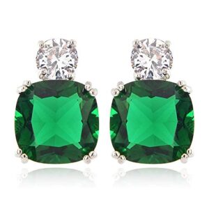 [RIZILIA CLASSIC] Stud Pierced Earrings with Cushion Cut Gemstones CZ [Green Emerald] in 18K White Gold Plated, Simple Modern Elegant