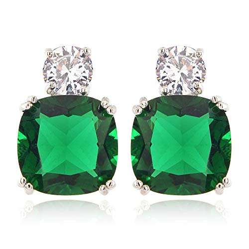 [RIZILIA CLASSIC] Stud Pierced Earrings with Cushion Cut Gemstones CZ [Green Emerald] in 18K White Gold Plated, Simple Modern Elegant