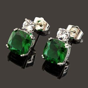 [RIZILIA CLASSIC] Stud Pierced Earrings with Cushion Cut Gemstones CZ [Green Emerald] in 18K White Gold Plated, Simple Modern Elegant