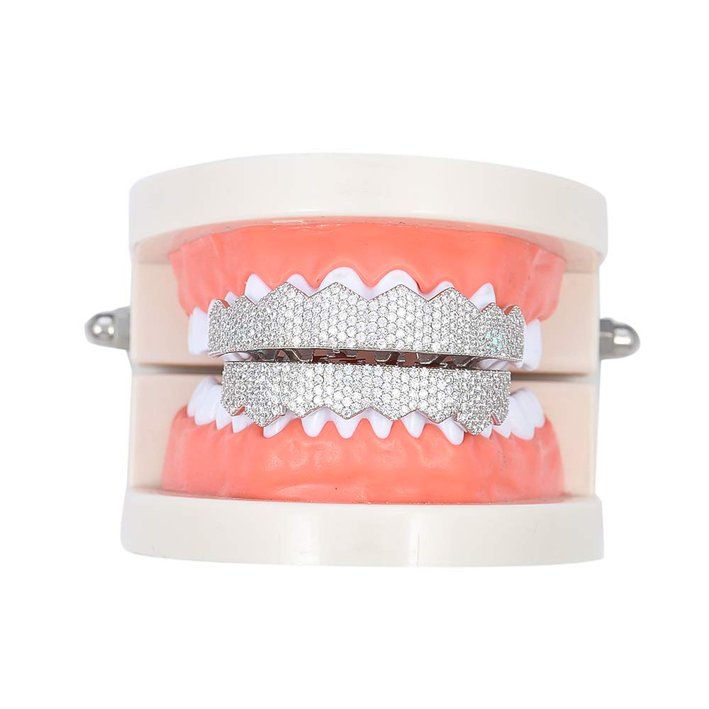 LKV Silver Grillz for Your Teeth 8 Top & 8 Bottom, Hip Hop Iced Out Diamond Grills for Men and Women, Rapper Costume Jewelry Mouth Teeth Grillz with Extra Molding Bars