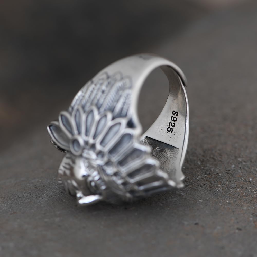 Vintage Real 925 Sterling Silver Native American Indian Chief Head Ring with Headdress for Men Women Open and Adjustable