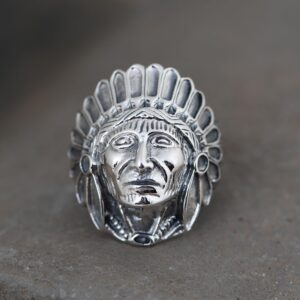 Vintage Real 925 Sterling Silver Native American Indian Chief Head Ring with Headdress for Men Women Open and Adjustable