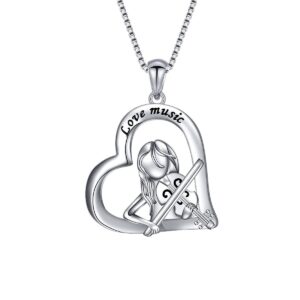 925 sterling silver i love music girl plays violin heart pendant necklace fiddle musical jewelry for violinist daughter women, 18 inch