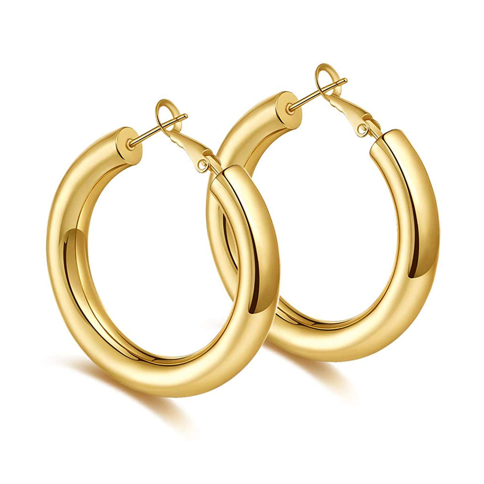 14k Gold Plated Thick Gold Hoop Earrings Lightweight Hollow Tube Earings for Women Hypoallergenic Chunky Gold Hoop Earrings 40mm