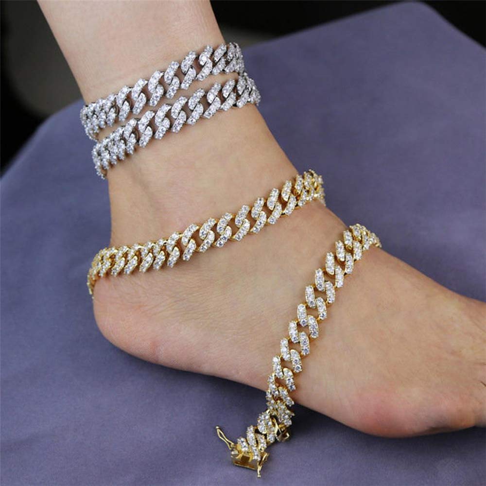 kelistom Cuban Link Anklet Bracelet for Women Men Hip-hop 18K Gold/White Gold Plated Iced Out Rhinestones Filled Chain Ankle Bracelets, 9" 10" 11"