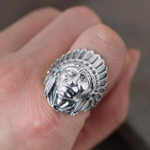 Vintage Real 925 Sterling Silver Native American Indian Chief Head Ring with Headdress for Men Women Open and Adjustable