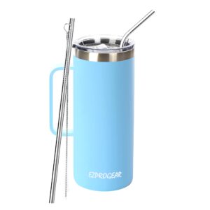 ezprogear 32 oz stainless steel coffee mug double wall vacuum insulated water tumbler with handle, lid and straws (32 oz, sky blue)