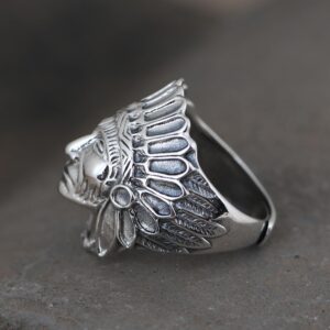 Vintage Real 925 Sterling Silver Native American Indian Chief Head Ring with Headdress for Men Women Open and Adjustable