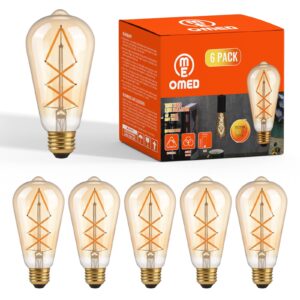 omed edison bulbs led lights 60w equivalent, 6watt dimmable warm white 2700k amber glass, vintage light bulb with e26 base, st64 antique led filament bulbs, 600lm, ul listed, 6 pack teardrop top lamp