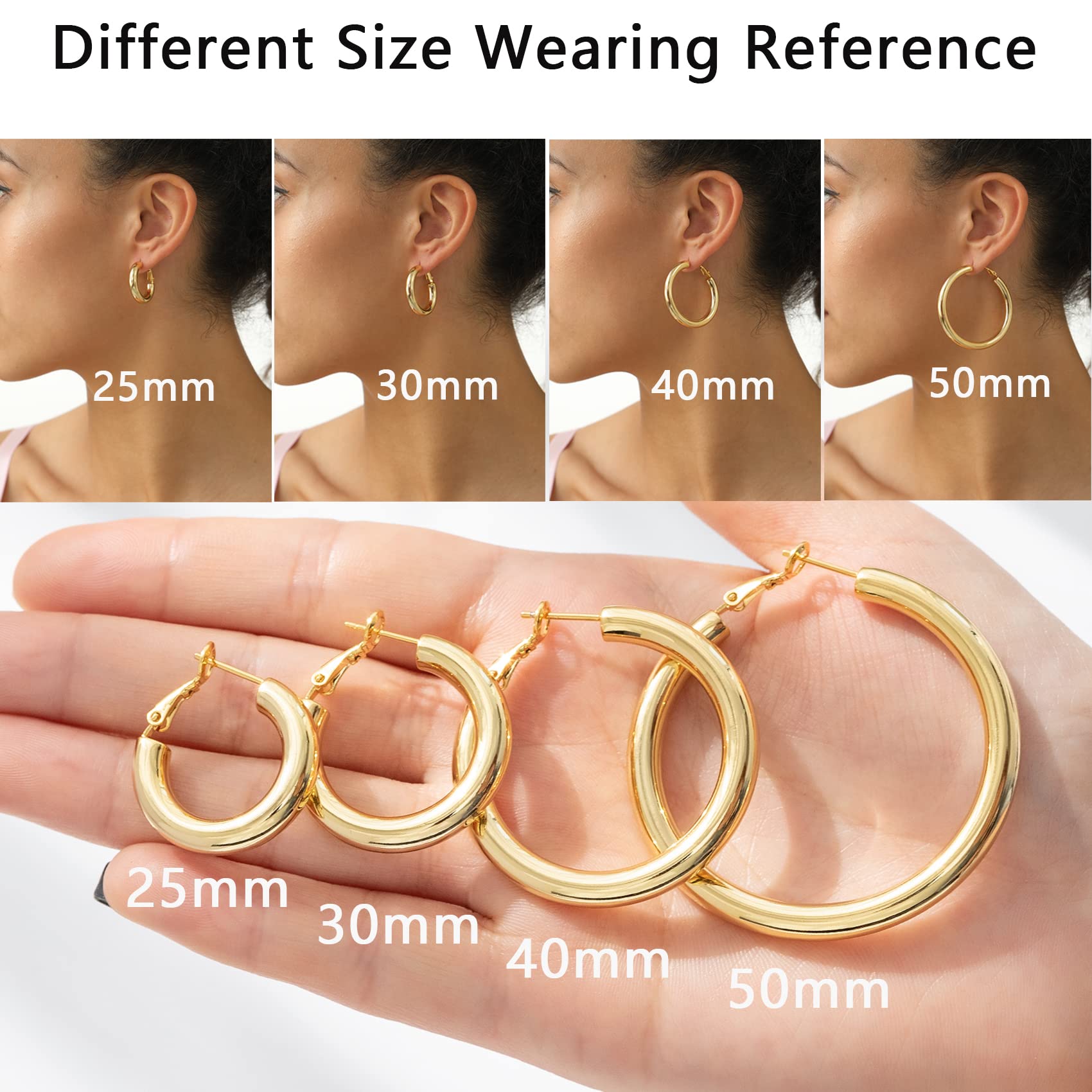 14k Gold Plated Thick Gold Hoop Earrings Lightweight Hollow Tube Earings for Women Hypoallergenic Chunky Gold Hoop Earrings 40mm