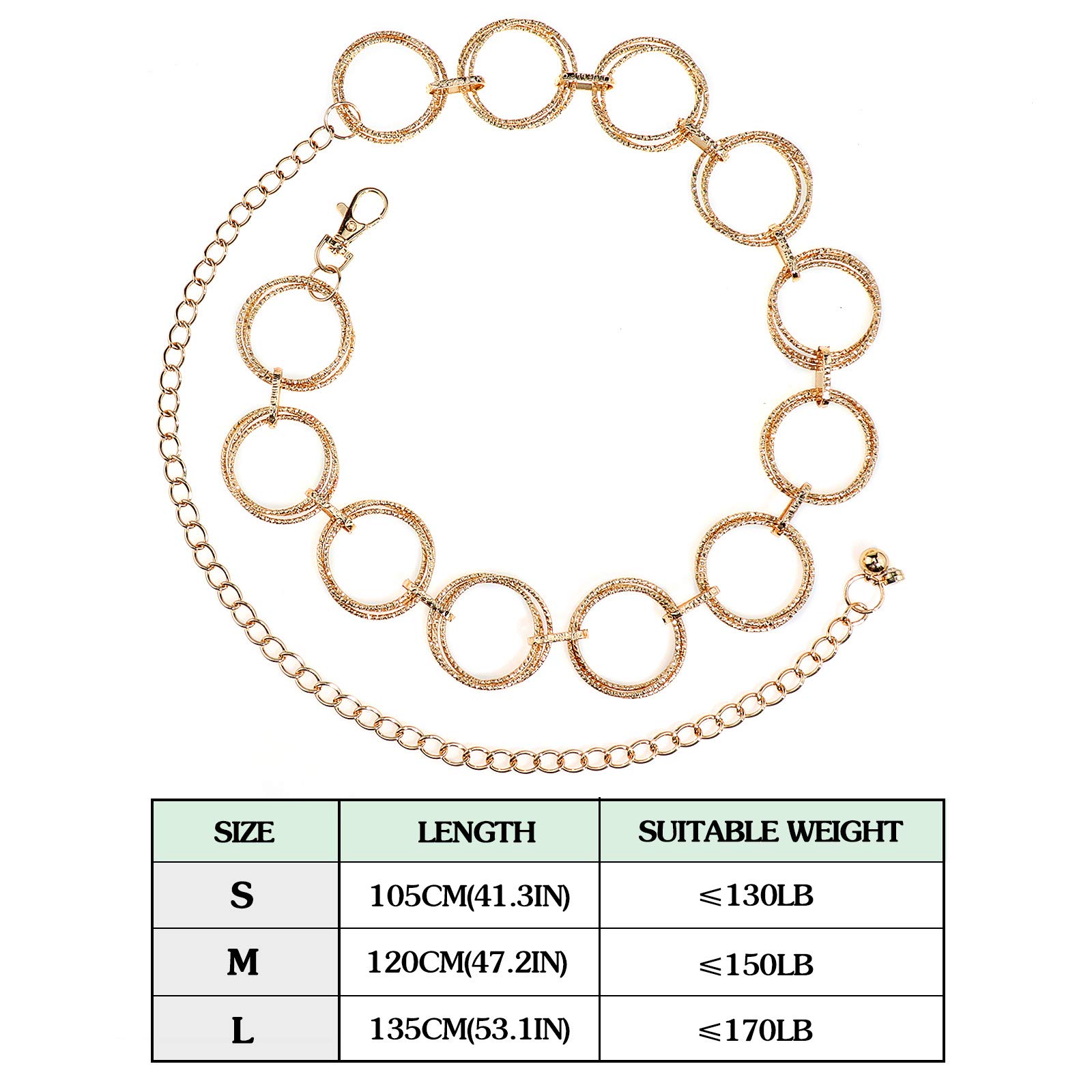 Glamorstar O-Ring Chain Belts for Women Waist Band Belt for Dress Link Chain Gift Large Circle Gold Plus Size 135CM/53.1IN