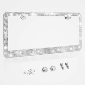 tchipie 1 pack bling rhinestone license plate frames, bedazzled sparkly cute diamond car license plate frame, glitter crystal tag frame, stainless steel frame(white)