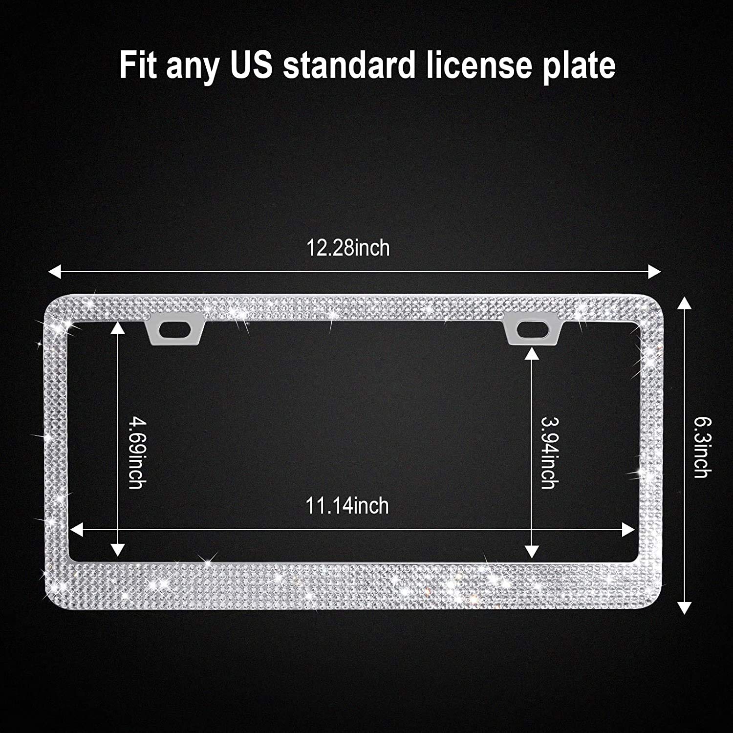 Tchipie 1 Pack Bling Rhinestone License Plate Frames, Bedazzled Sparkly Cute Diamond Car License Plate Frame, Glitter Crystal Tag Frame, Stainless Steel Frame(White)