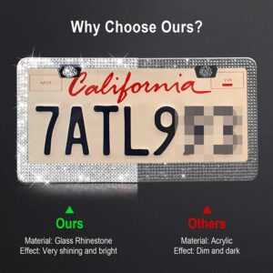 Tchipie 1 Pack Bling Rhinestone License Plate Frames, Bedazzled Sparkly Cute Diamond Car License Plate Frame, Glitter Crystal Tag Frame, Stainless Steel Frame(White)