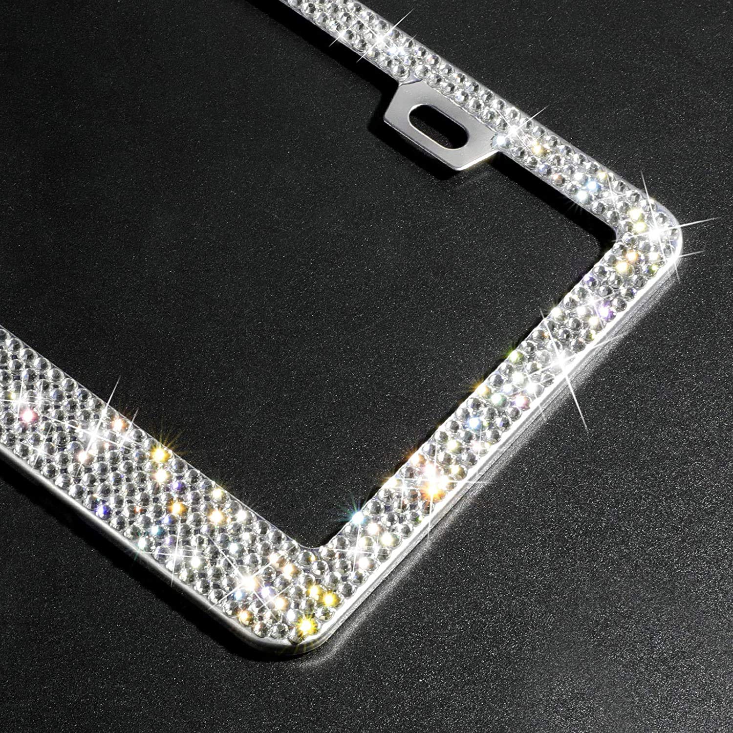 Tchipie 1 Pack Bling Rhinestone License Plate Frames, Bedazzled Sparkly Cute Diamond Car License Plate Frame, Glitter Crystal Tag Frame, Stainless Steel Frame(White)