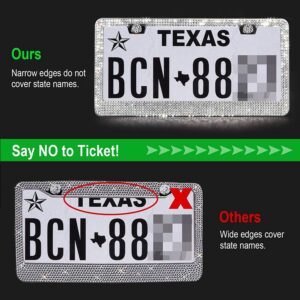 Tchipie 1 Pack Bling Rhinestone License Plate Frames, Bedazzled Sparkly Cute Diamond Car License Plate Frame, Glitter Crystal Tag Frame, Stainless Steel Frame(White)