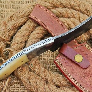 HUNTEX Handmade Hand-Forged Twist Pattern Damascus Steel 9 Inch Long Full Tang Natural Camel Bone Handle Razor Sharp Hunting Camping Cleaver Knife w/Genuine Leather Sheath