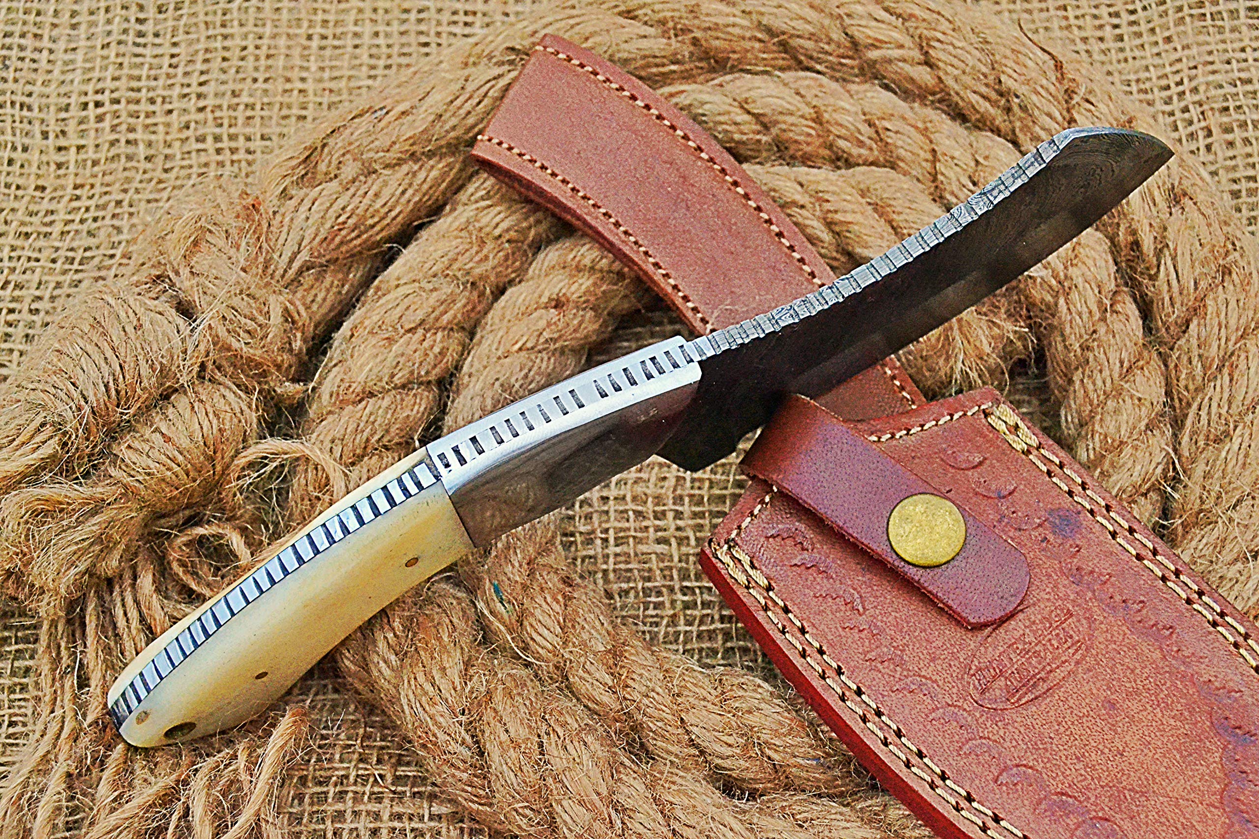 HUNTEX Handmade Hand-Forged Twist Pattern Damascus Steel 9 Inch Long Full Tang Natural Camel Bone Handle Razor Sharp Hunting Camping Cleaver Knife w/Genuine Leather Sheath