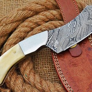 HUNTEX Handmade Hand-Forged Twist Pattern Damascus Steel 9 Inch Long Full Tang Natural Camel Bone Handle Razor Sharp Hunting Camping Cleaver Knife w/Genuine Leather Sheath