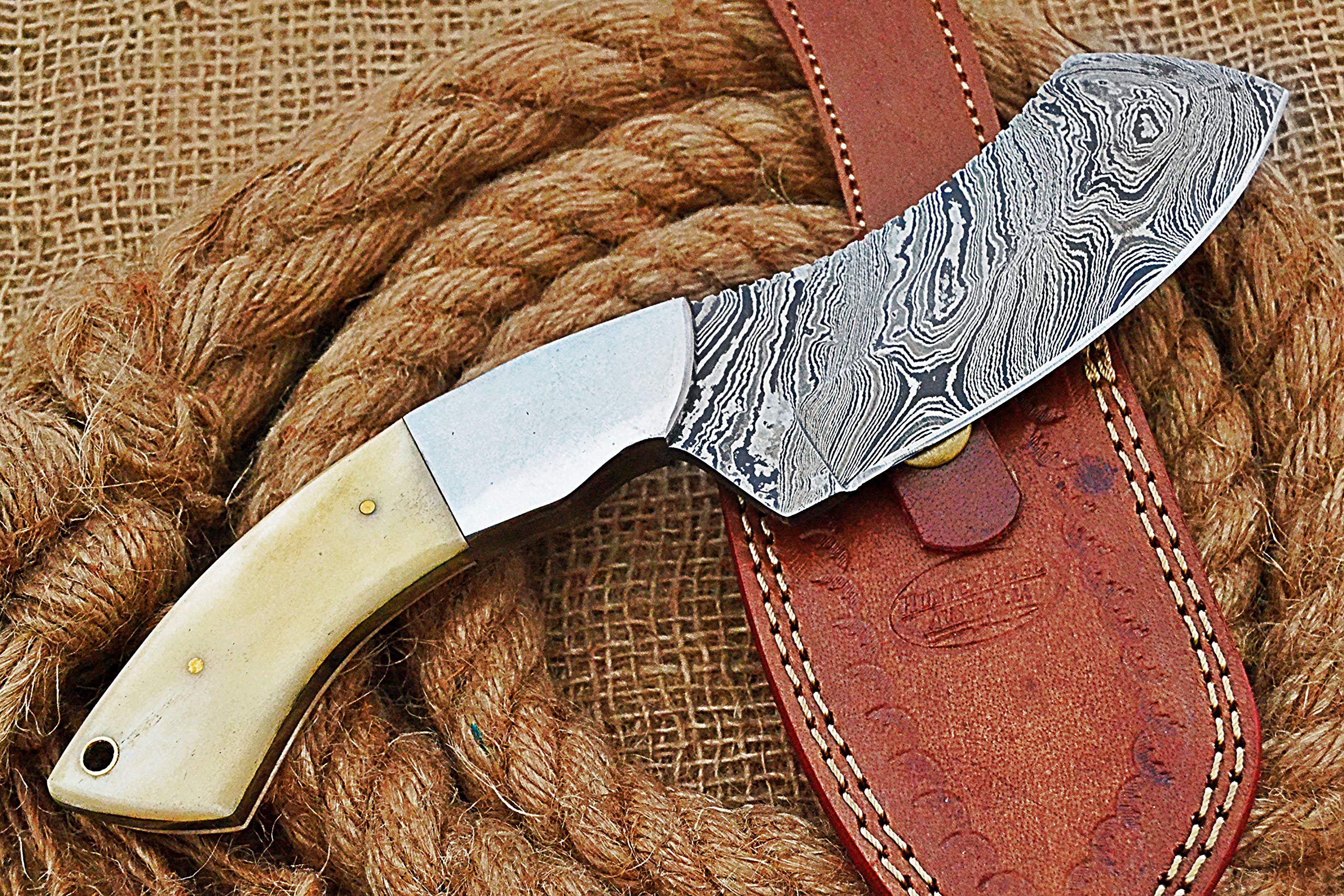 HUNTEX Handmade Hand-Forged Twist Pattern Damascus Steel 9 Inch Long Full Tang Natural Camel Bone Handle Razor Sharp Hunting Camping Cleaver Knife w/Genuine Leather Sheath