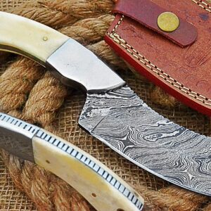 HUNTEX Handmade Hand-Forged Twist Pattern Damascus Steel 9 Inch Long Full Tang Natural Camel Bone Handle Razor Sharp Hunting Camping Cleaver Knife w/Genuine Leather Sheath