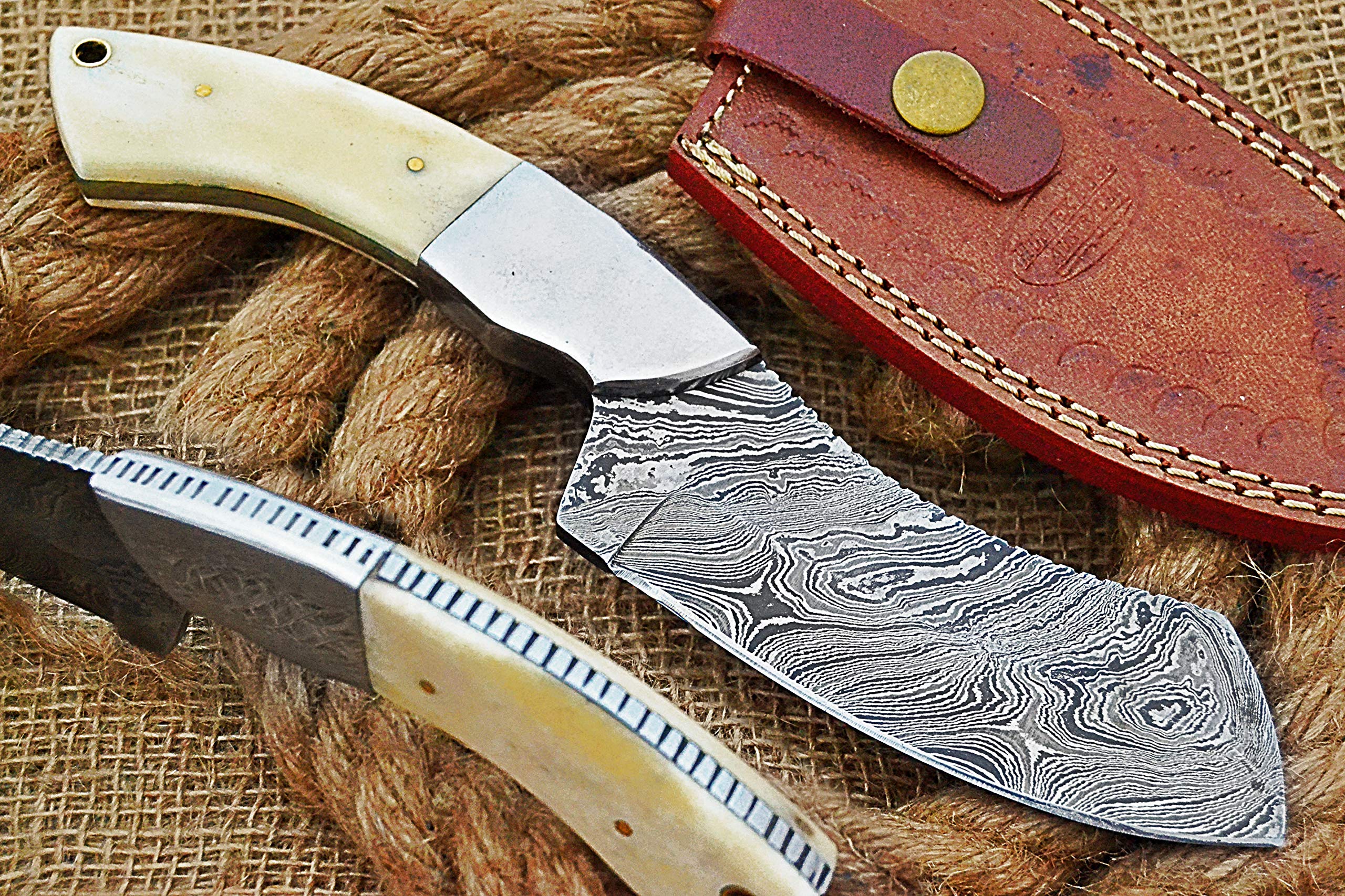 HUNTEX Handmade Hand-Forged Twist Pattern Damascus Steel 9 Inch Long Full Tang Natural Camel Bone Handle Razor Sharp Hunting Camping Cleaver Knife w/Genuine Leather Sheath