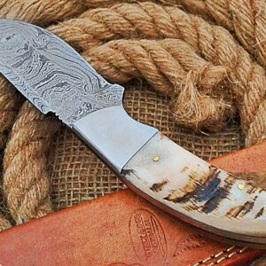 HUNTEX Handmade Hand-Forged Twist Pattern Damascus Steel 9 Inch Long Full Tang Natural Ram Horn Handle Razor Sharp Hunting Camping Boot Knife w/Genuine Leather Pouch