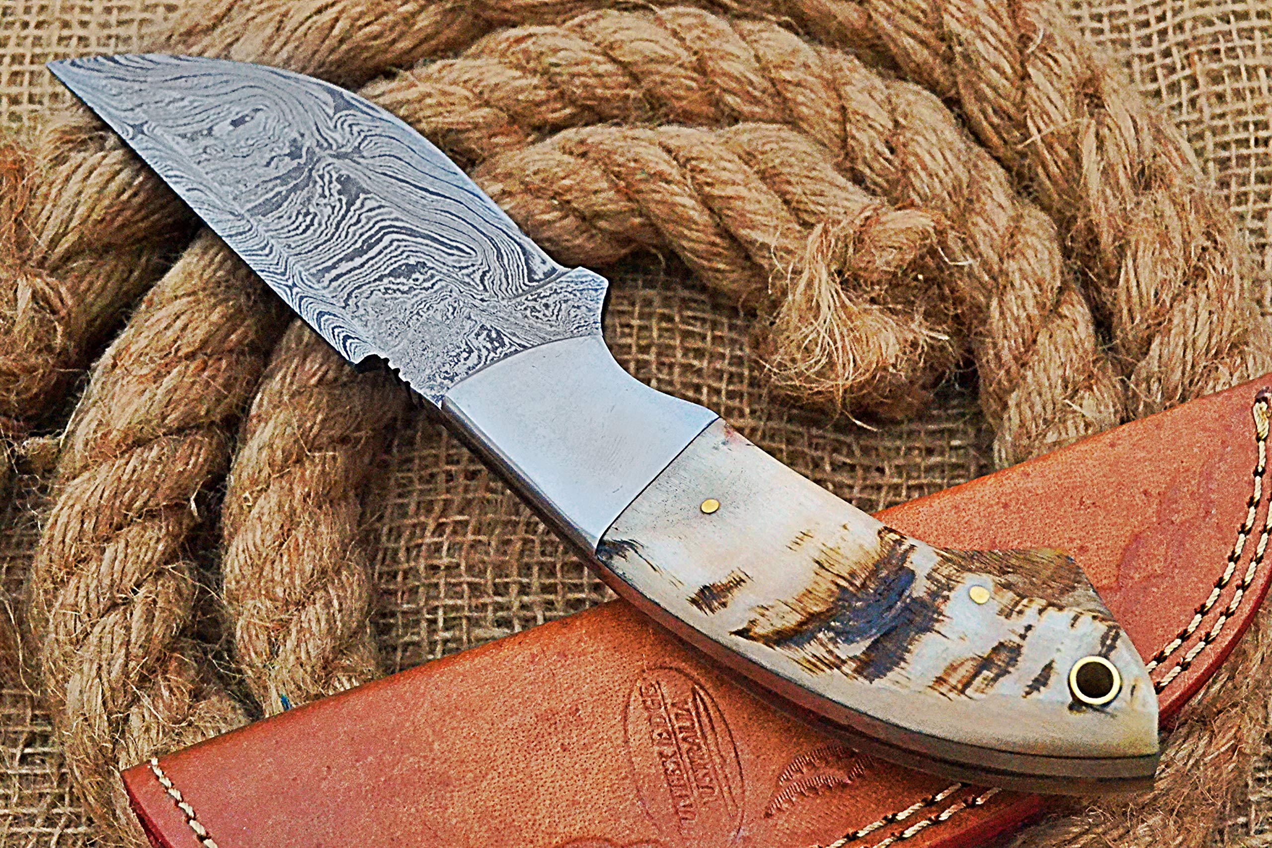 HUNTEX Handmade Hand-Forged Twist Pattern Damascus Steel 9 Inch Long Full Tang Natural Ram Horn Handle Razor Sharp Hunting Camping Boot Knife w/Genuine Leather Pouch