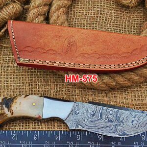 HUNTEX Handmade Hand-Forged Twist Pattern Damascus Steel 9 Inch Long Full Tang Natural Ram Horn Handle Razor Sharp Hunting Camping Boot Knife w/Genuine Leather Pouch