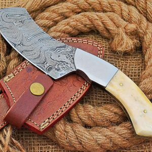 HUNTEX Handmade Hand-Forged Twist Pattern Damascus Steel 9 Inch Long Full Tang Natural Camel Bone Handle Razor Sharp Hunting Camping Cleaver Knife w/Genuine Leather Sheath