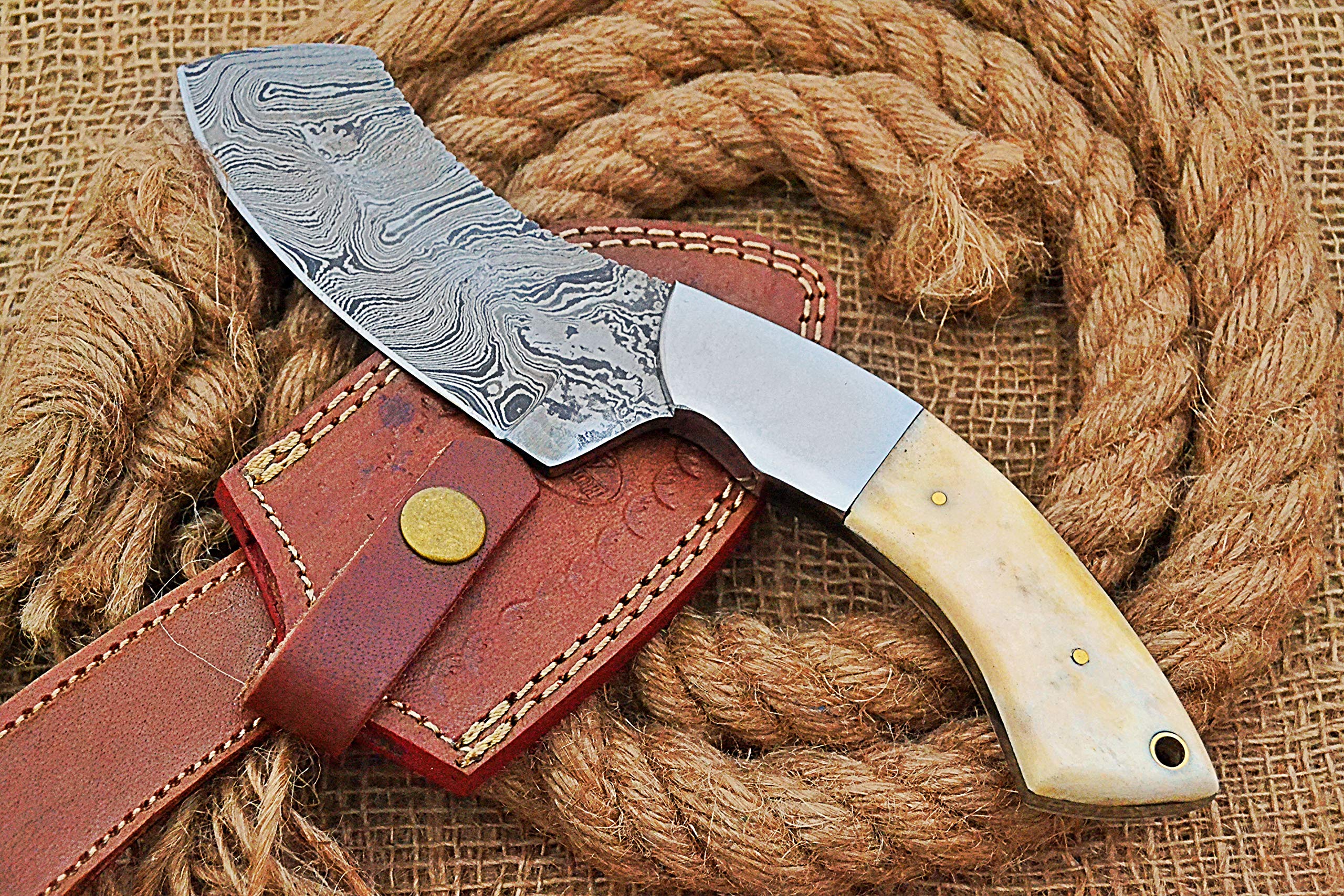 HUNTEX Handmade Hand-Forged Twist Pattern Damascus Steel 9 Inch Long Full Tang Natural Camel Bone Handle Razor Sharp Hunting Camping Cleaver Knife w/Genuine Leather Sheath