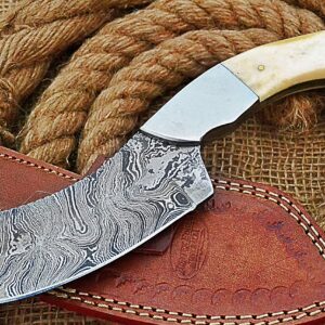 HUNTEX Handmade Hand-Forged Twist Pattern Damascus Steel 9 Inch Long Full Tang Natural Camel Bone Handle Razor Sharp Hunting Camping Cleaver Knife w/Genuine Leather Sheath