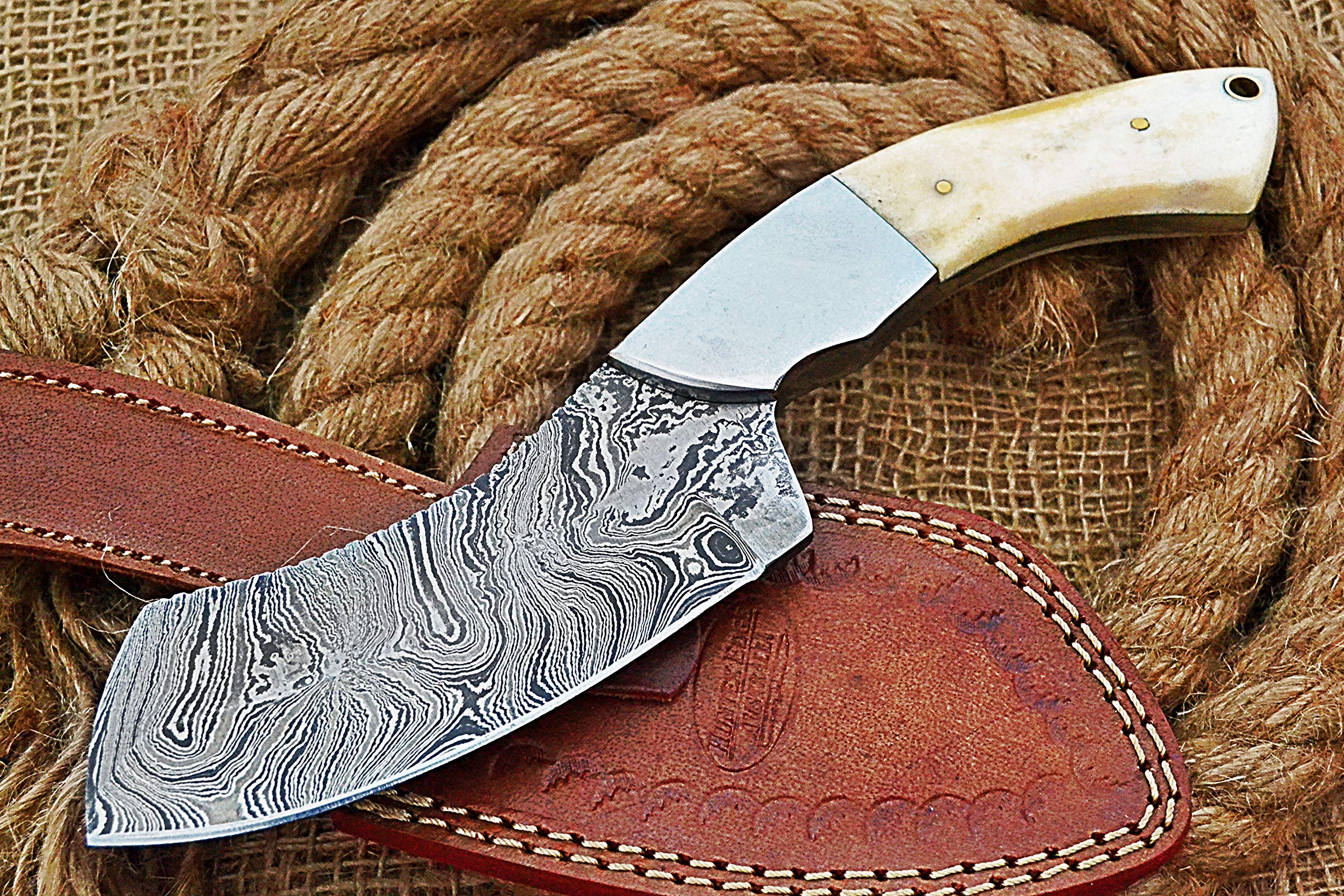 HUNTEX Handmade Hand-Forged Twist Pattern Damascus Steel 9 Inch Long Full Tang Natural Camel Bone Handle Razor Sharp Hunting Camping Cleaver Knife w/Genuine Leather Sheath