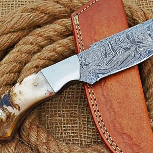 HUNTEX Handmade Hand-Forged Twist Pattern Damascus Steel 9 Inch Long Full Tang Natural Ram Horn Handle Razor Sharp Hunting Camping Boot Knife w/Genuine Leather Pouch