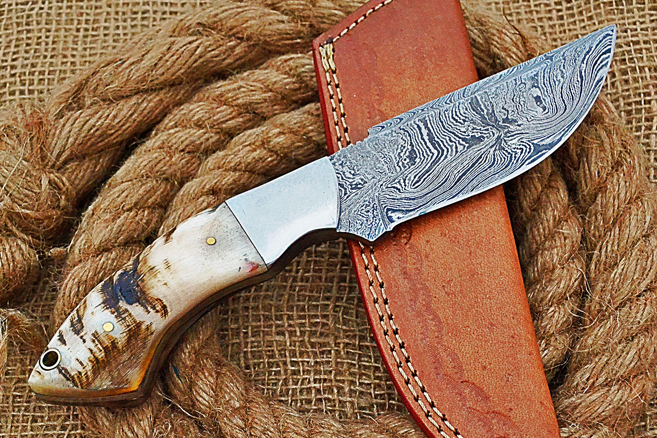 HUNTEX Handmade Hand-Forged Twist Pattern Damascus Steel 9 Inch Long Full Tang Natural Ram Horn Handle Razor Sharp Hunting Camping Boot Knife w/Genuine Leather Pouch