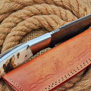 HUNTEX Handmade Hand-Forged Twist Pattern Damascus Steel 9 Inch Long Full Tang Natural Ram Horn Handle Razor Sharp Hunting Camping Boot Knife w/Genuine Leather Pouch