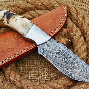 HUNTEX Handmade Hand-Forged Twist Pattern Damascus Steel 9 Inch Long Full Tang Natural Ram Horn Handle Razor Sharp Hunting Camping Boot Knife w/Genuine Leather Pouch