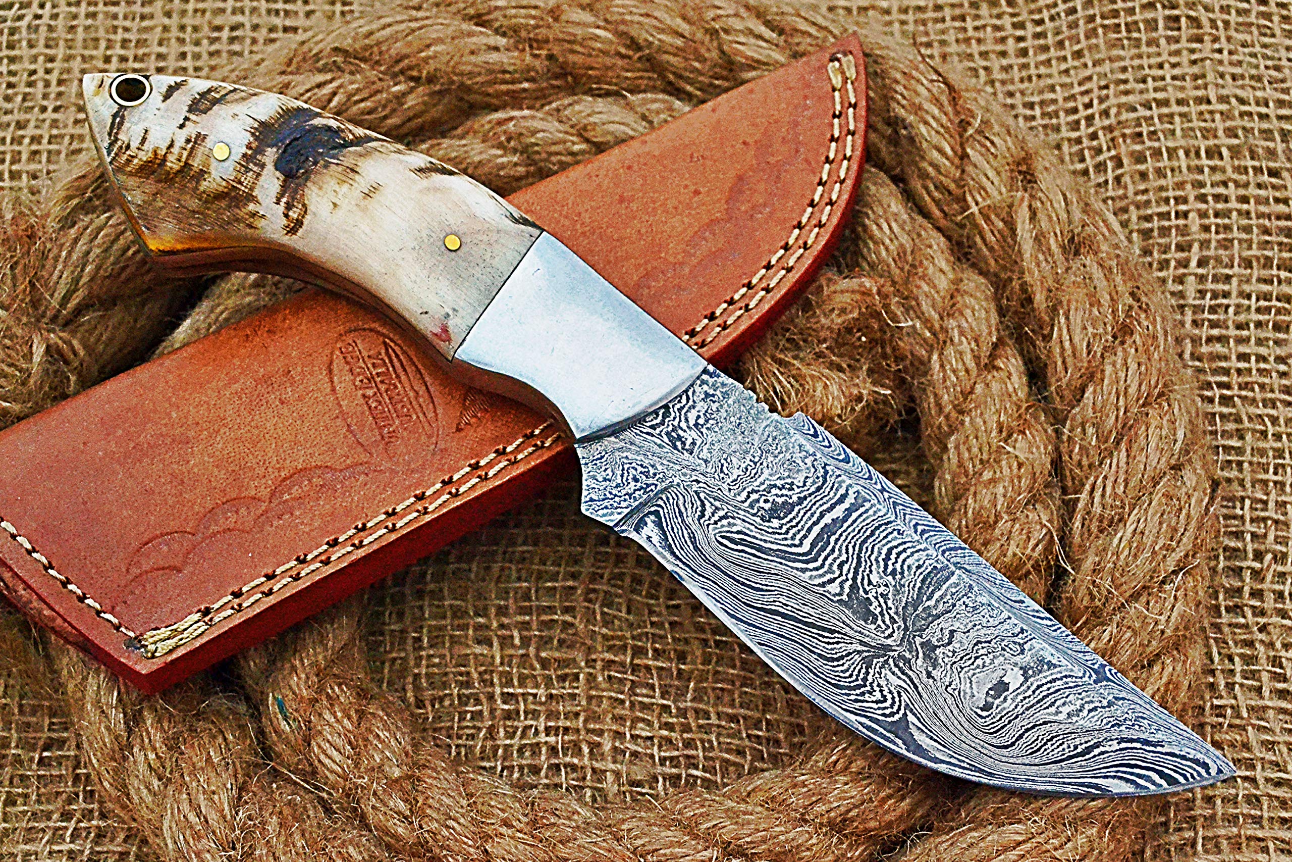 HUNTEX Handmade Hand-Forged Twist Pattern Damascus Steel 9 Inch Long Full Tang Natural Ram Horn Handle Razor Sharp Hunting Camping Boot Knife w/Genuine Leather Pouch