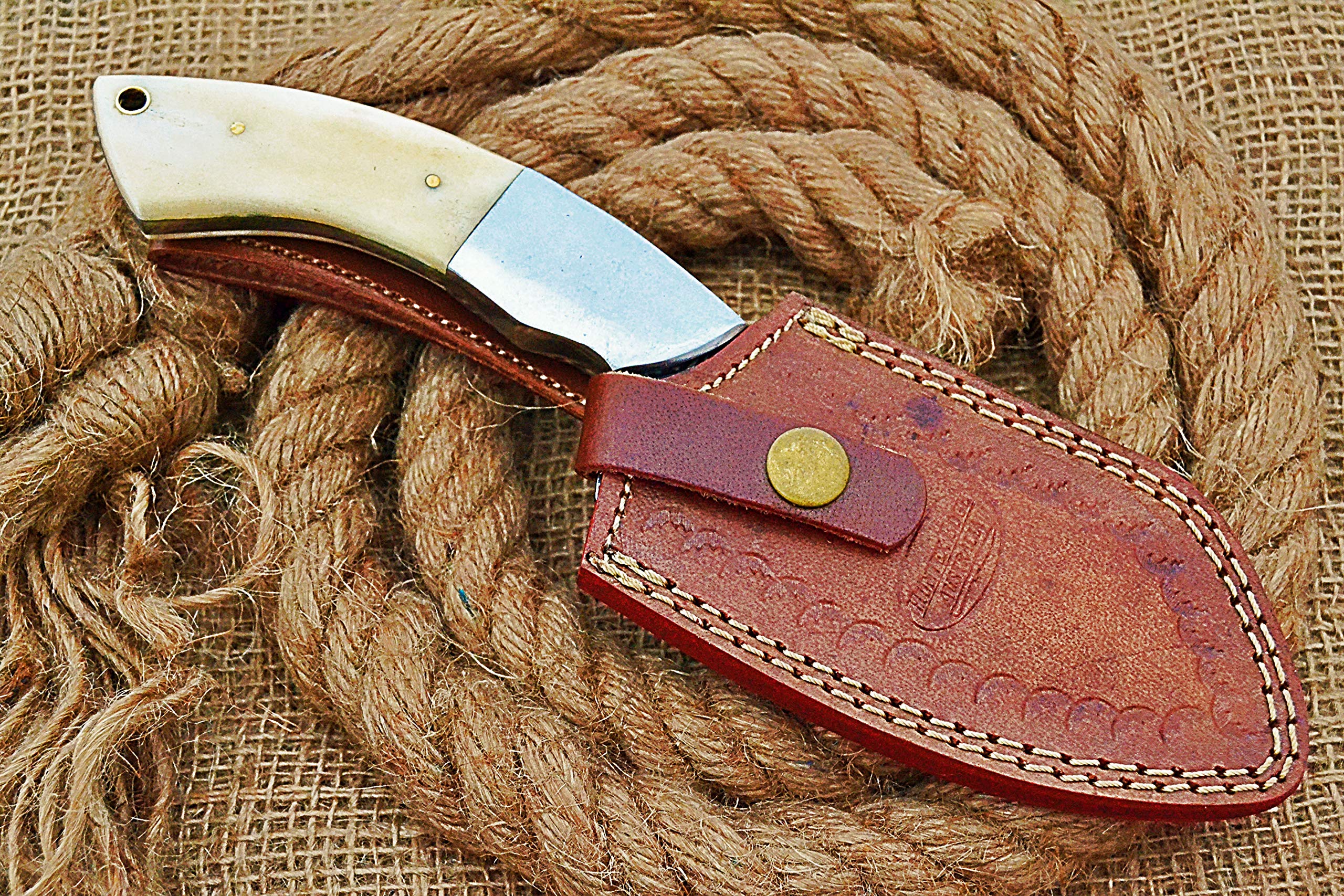 HUNTEX Handmade Hand-Forged Twist Pattern Damascus Steel 9 Inch Long Full Tang Natural Camel Bone Handle Razor Sharp Hunting Camping Cleaver Knife w/Genuine Leather Sheath